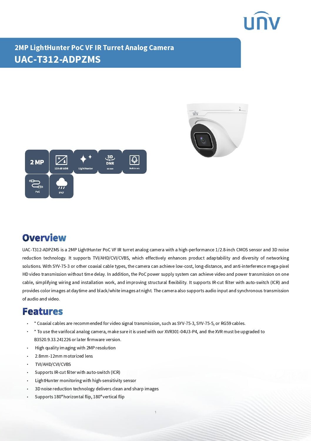 2MP PoC VF IR Turret Analog Camera UAC-T312-ADPZMS - Tech Store Lebanon